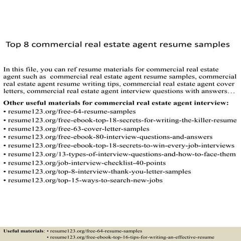 Top 8 commercial real estate agent resume samples | PPTX