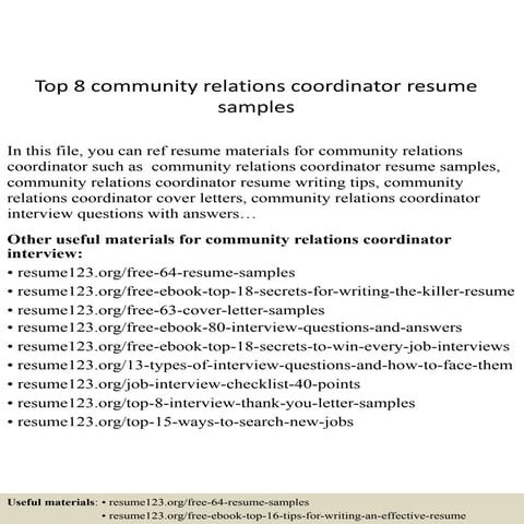 Top 8 community relations coordinator resume samples | PPTX | Resume ...