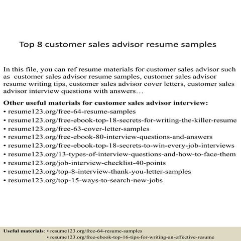 Top 8 customer sales advisor resume samples | PPTX