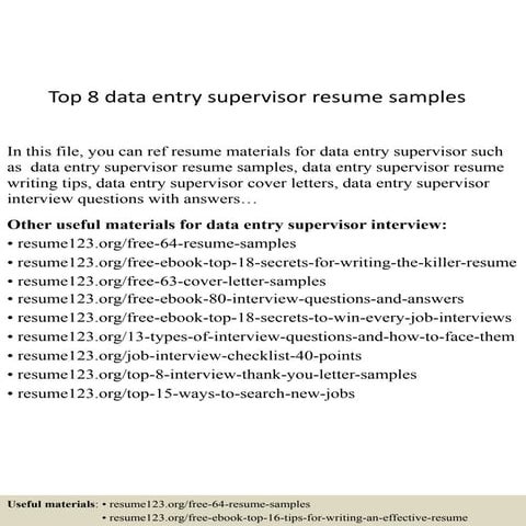 Top 8 data entry supervisor resume samples | PDF