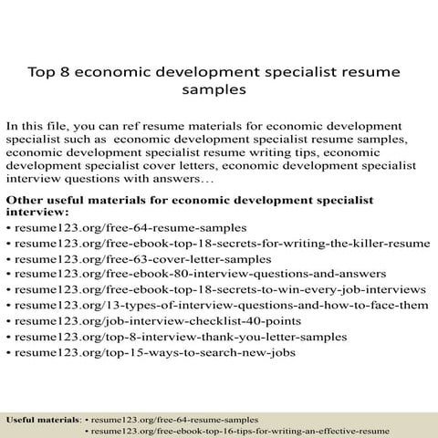 Top 8 economic development specialist resume samples | PPTX