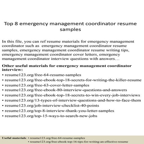 Top 8 emergency management coordinator resume samples | PPTX