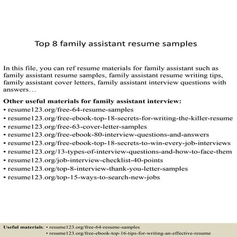 Top 8 family assistant resume samples | PPTX