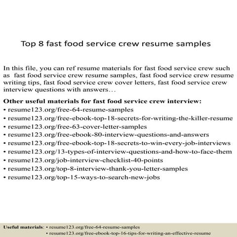 Top 8 fast food service crew resume samples | PPTX