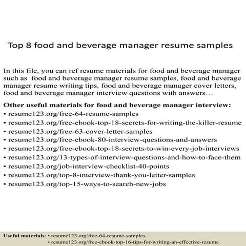 Top 8 food and beverage manager resume samples | PPTX