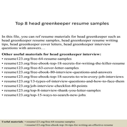 Top 8 head greenkeeper resume samples | PPTX