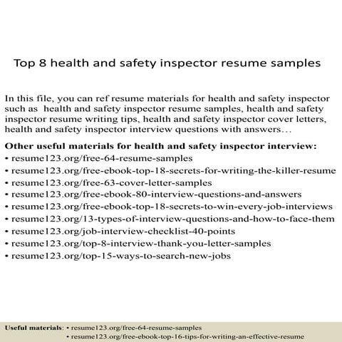 Top 8 health and safety inspector resume samples | PDF