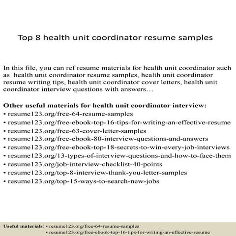 Top 8 health unit coordinator resume samples | PPTX