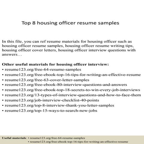 Top 8 housing officer resume samples | PPTX