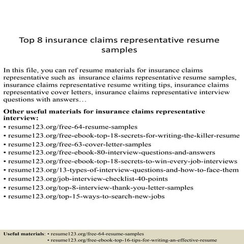 Top 8 insurance claims representative resume samples | PPTX