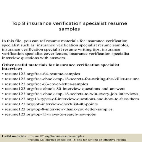 Top 8 insurance verification specialist resume samples | PPTX | Resume ...