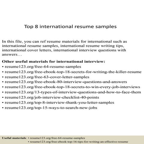 Top 8 international relations specialist resume samples | PPTX