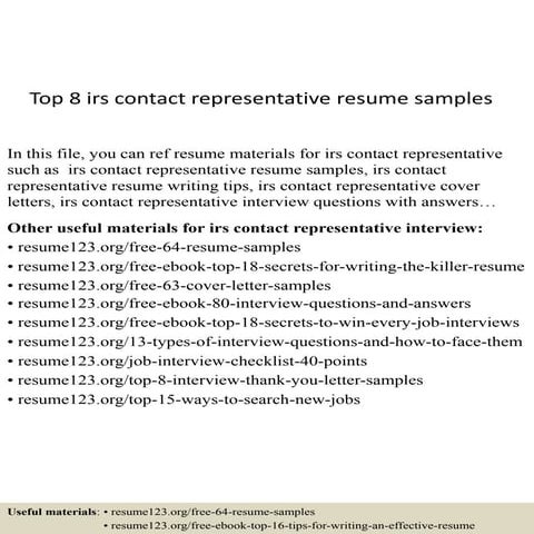 Top 8 irs contact representative resume samples | PPTX