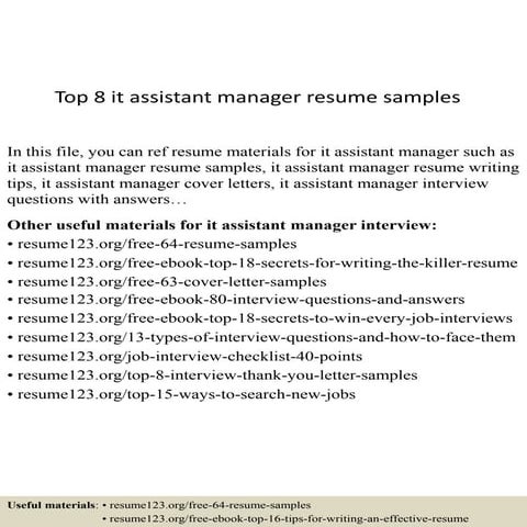Top 8 it assistant manager resume samples | PPTX