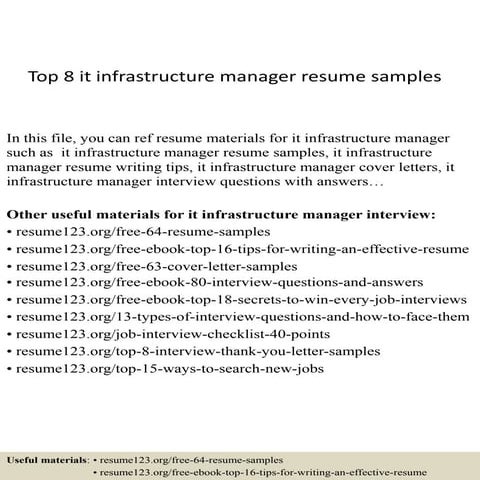 Top 8 it infrastructure manager resume samples | PPTX
