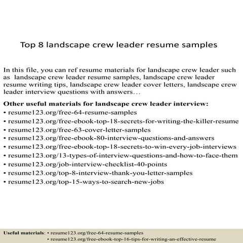 Top 8 landscape crew leader resume samples | PPTX