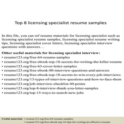 Top 8 licensing specialist resume samples | PPTX | Resume Writing and ...