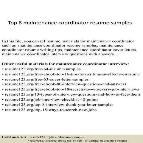 Top 8 maintenance coordinator resume samples | PPTX