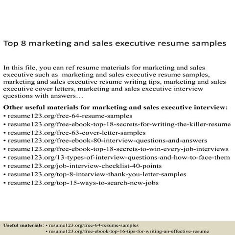 Top 8 marketing and sales executive resume samples | PPTX