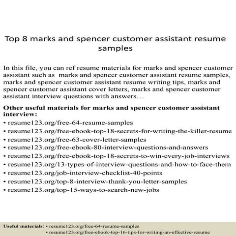 Top 8 marks and spencer customer assistant resume samples | PPTX