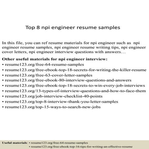 Top 8 npi engineer resume samples | PPTX