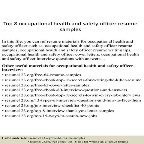 Top 8 occupational health and safety officer resume samples | PPTX