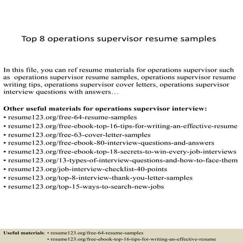 Top 8 operations supervisor resume samples | PPTX