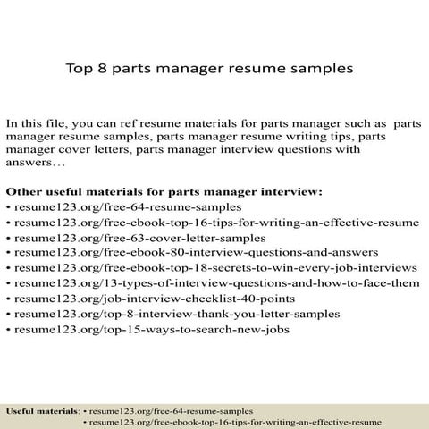 Top 8 parts manager resume samples | PPTX