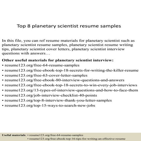 Top 8 planetary scientist resume samples | PDF