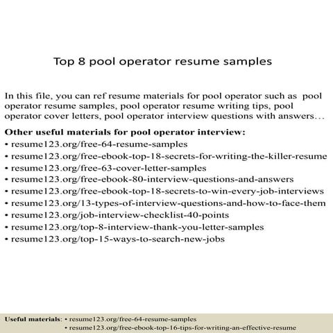 Top 8 pool operator resume samples | PDF