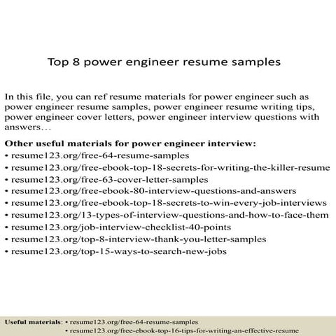 Top 8 power engineer resume samples | PDF