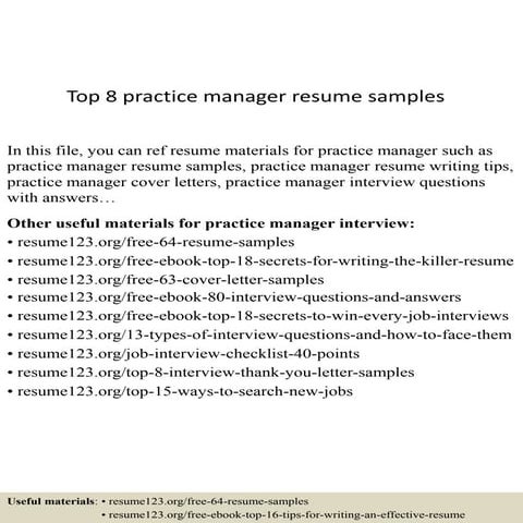 Top 8 practice manager resume samples | PPTX