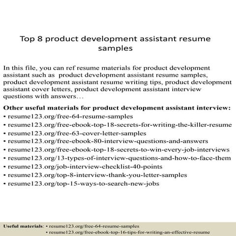 Top 8 product development assistant resume samples | PPTX