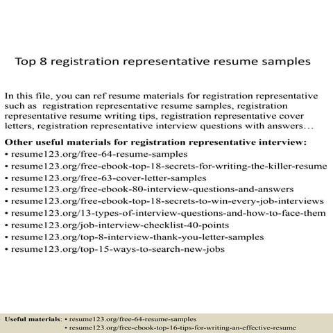 Top 8 registration representative resume samples | PPTX