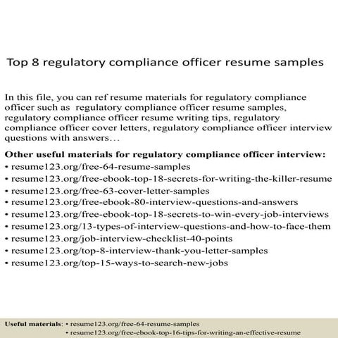 Top 8 regulatory compliance officer resume samples | PPTX