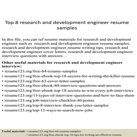 Top 8 research and development engineer resume samples | PPTX