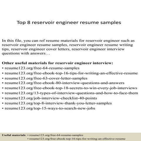 Top 8 reservoir engineer resume samples | PPTX