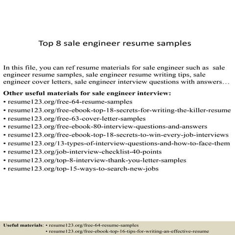 Top 8 sale engineer resume samples | PPTX