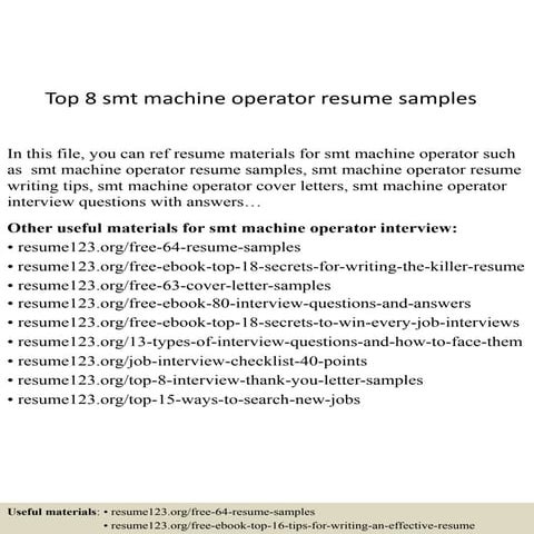 Top 8 smt machine operator resume samples | PDF