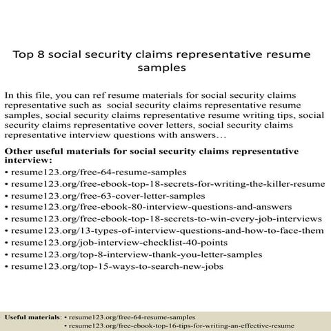 Top 8 social security claims representative resume samples | PPTX