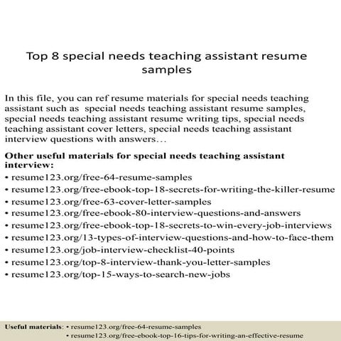 Top 8 special needs teaching assistant resume samples | PPTX