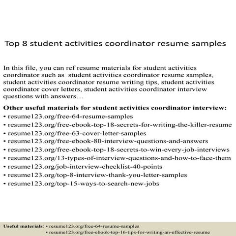 Top 8 student activities coordinator resume samples | PDF