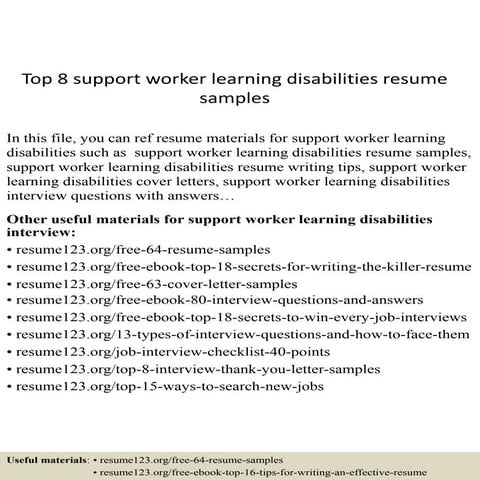 Top 8 support worker learning disabilities resume samples | PPTX