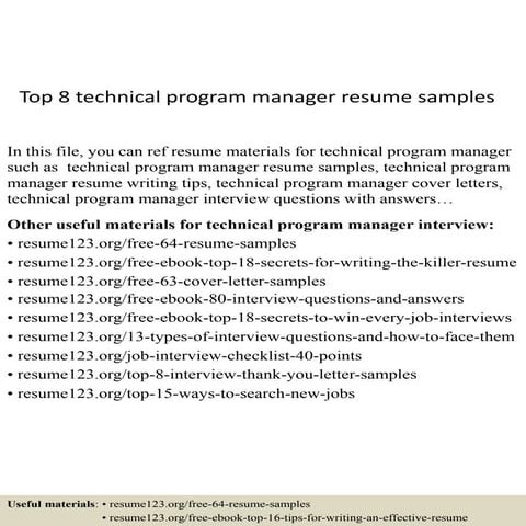 Top 8 technical program manager resume samples | PDF