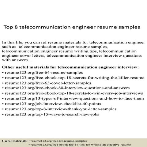 Top 8 telecommunication engineer resume samples | PPTX