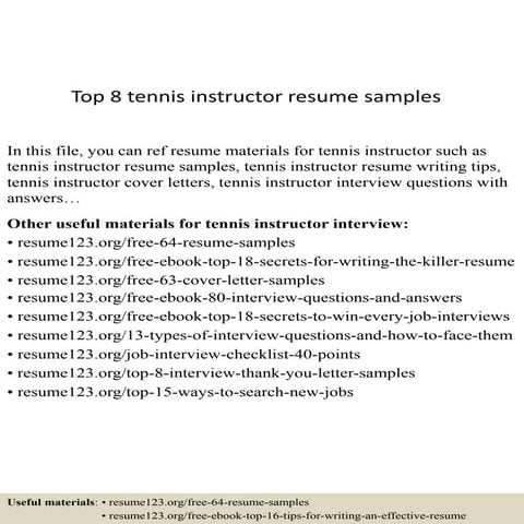Top 8 tennis instructor resume samples | PPTX