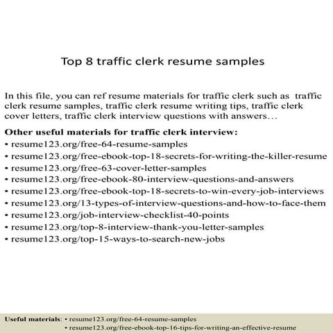 Top 8 traffic clerk resume samples | PPTX