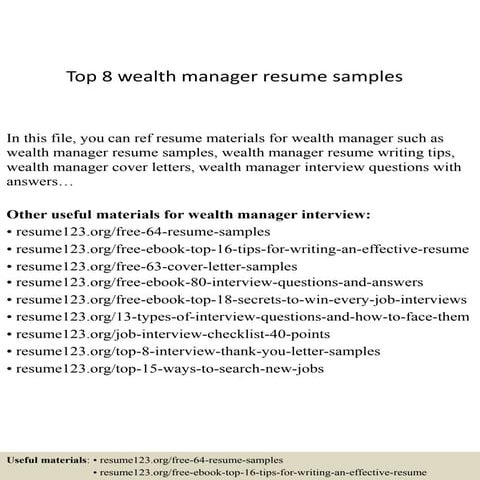 Top 8 wealth manager resume samples | PPTX