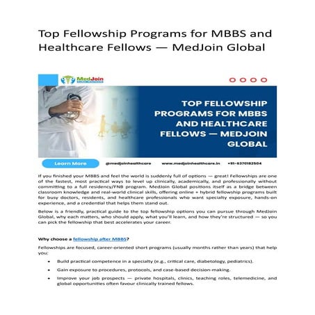 Top Fellowship Programs for MBBS and Healthcare Fellows — MedJoin ...