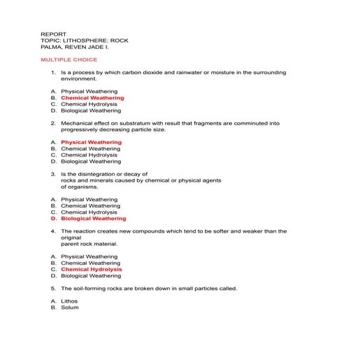 TOPIC OR TITLE: LITHOSPHERE- ROCK_ QUESTIONNAIRE W/ANSWER | PDF